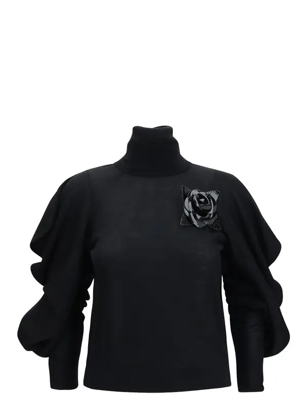 Blumarine High-neck Sweater With Flower Brooch - Black