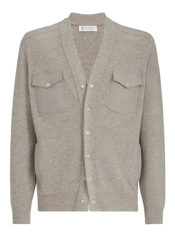 Brunello Cucinelli Cashmere Cardigan With Chest Pockets And Snap Buttons - Stone Grey
