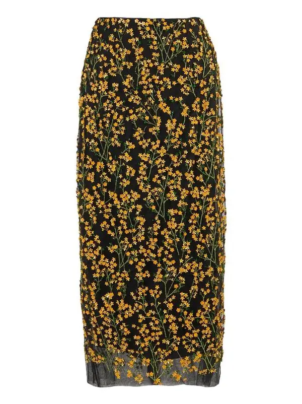 Carolina Herrera Floral Appliqué Column Midi Skirt - Melon