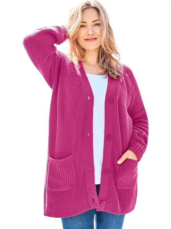 WOMAN WITHIN Shaker Button Front Cardigan Sweater - Raspberry