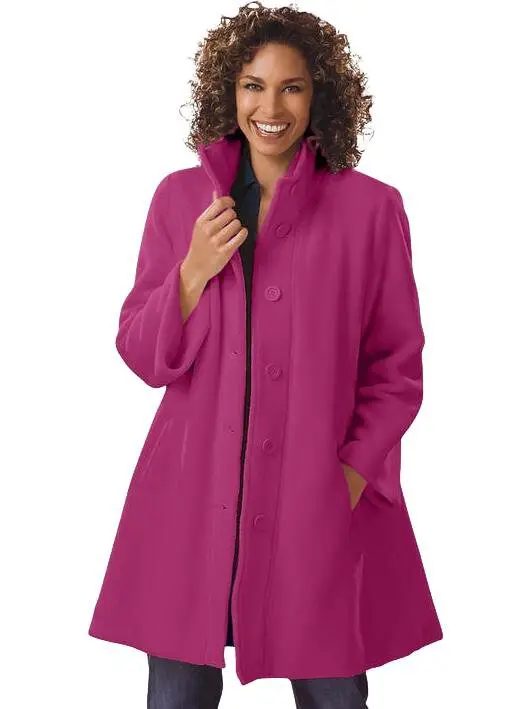 WOMAN WITHIN Fleece Swing Funnel Neck Coat - Raspberry