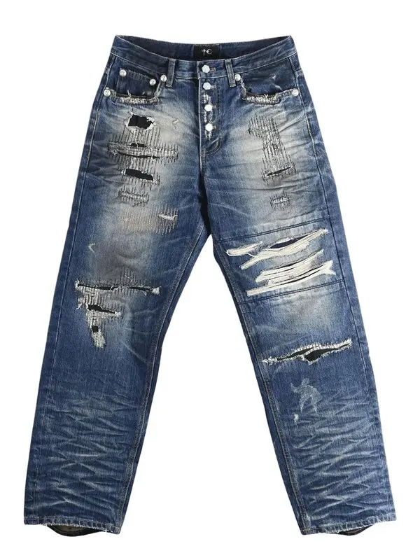 THUG CLUB Skull Stitch Ripped Denim Pants - Blue