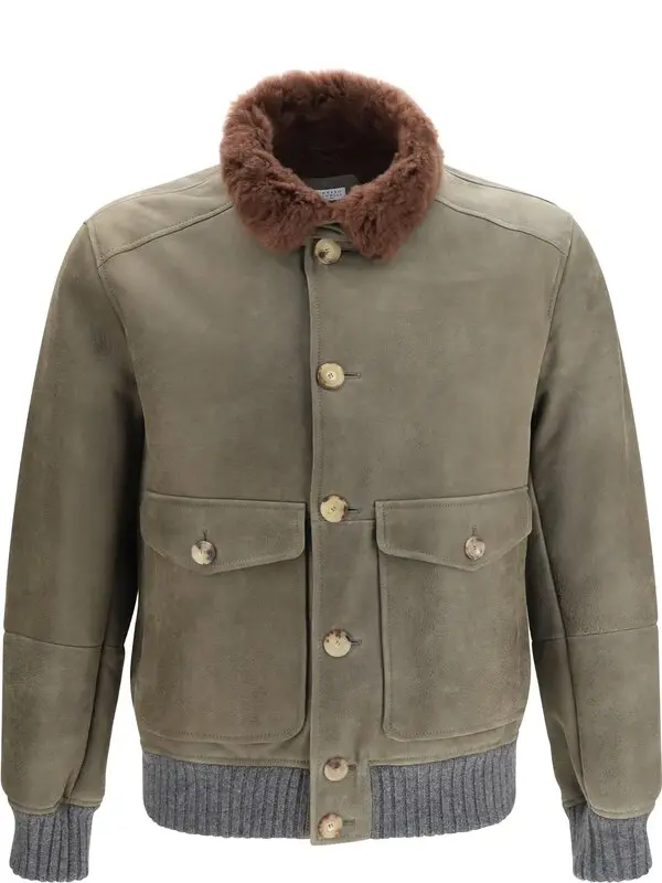 Brunello Cucinelli Waxed Shearling Jacket With Shearling Collar - Green