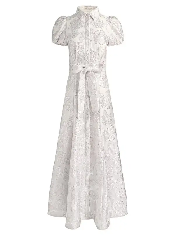 Alice + Olivia Henrietta Belted Metallic Jacquard Gown - Silver
