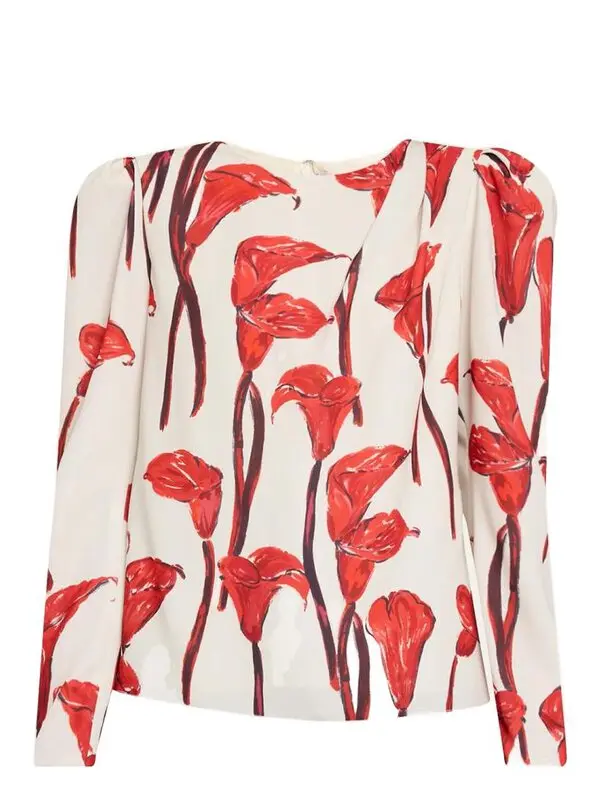 Carolina Herrera Cala Lily Crepe Draped-sleeve Blouse - Ceramic Multi