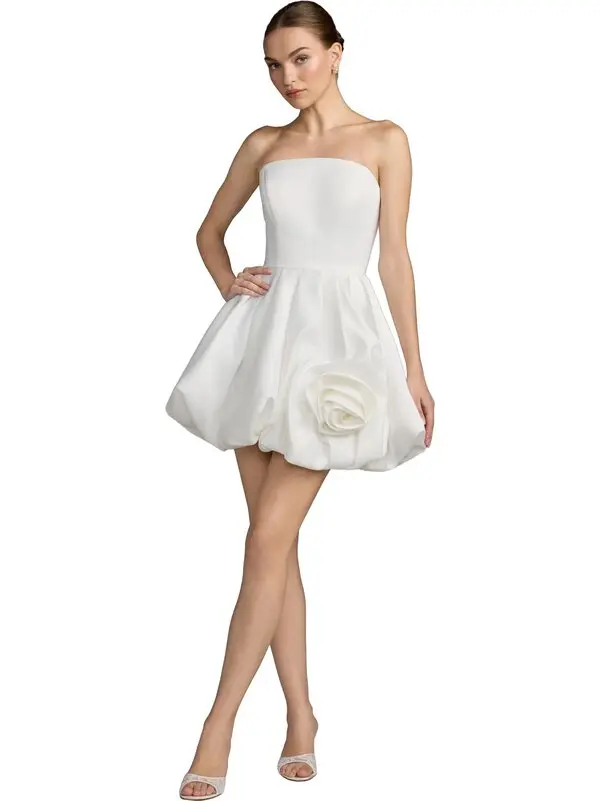 Mac Duggal Ivory Strapless Mini Dress With 3d Rosette - White