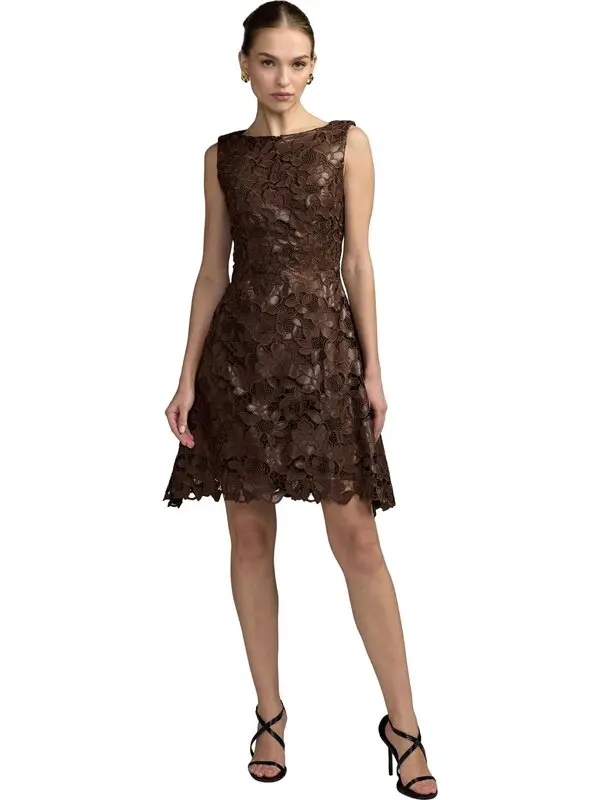 Mac Duggal Floral Embroidered Leather Mini Dress - Chocolate