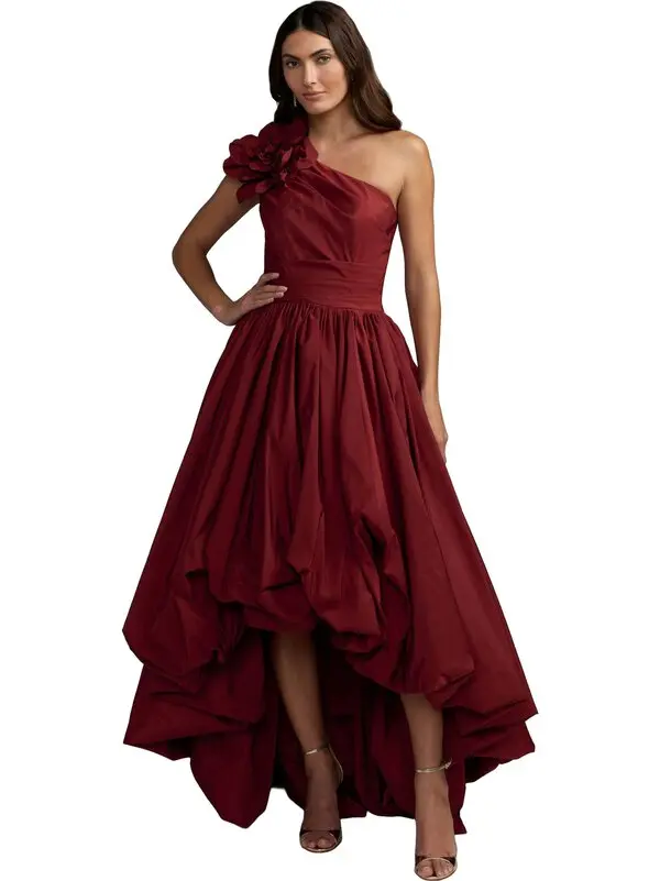 Mac Duggal One Shoulder High Low Gown With 3d Flower - Ruby