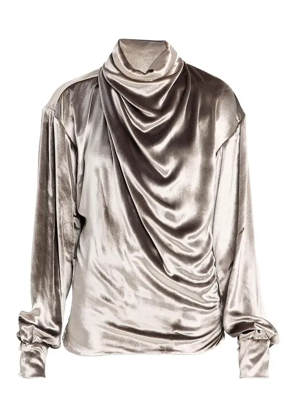 Prabal Gurung Draped Wrap-neck Velvet Long-sleeve Blouse - Silver