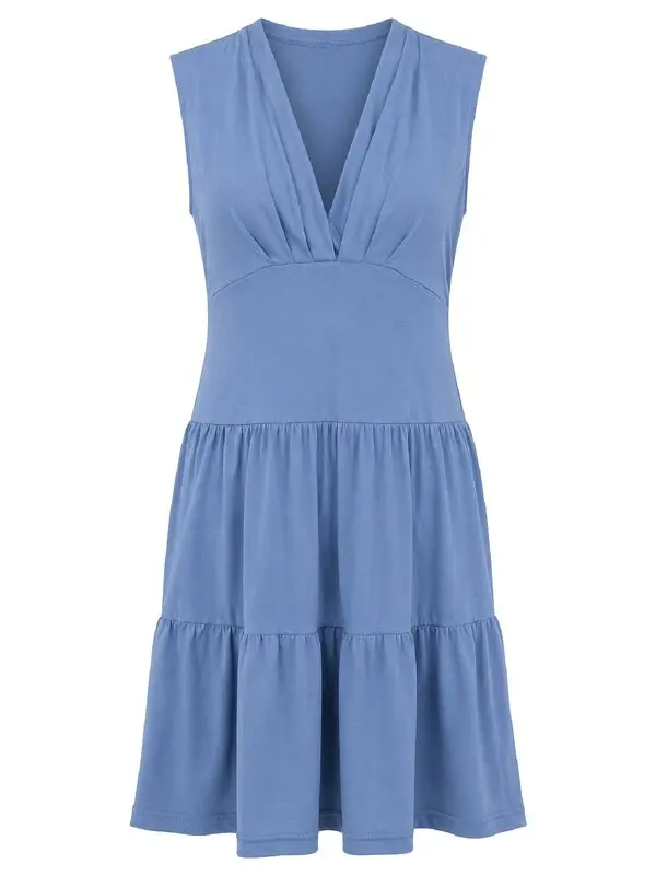 CONQUISTA Pleated V-neck Flounce Dress - Blue