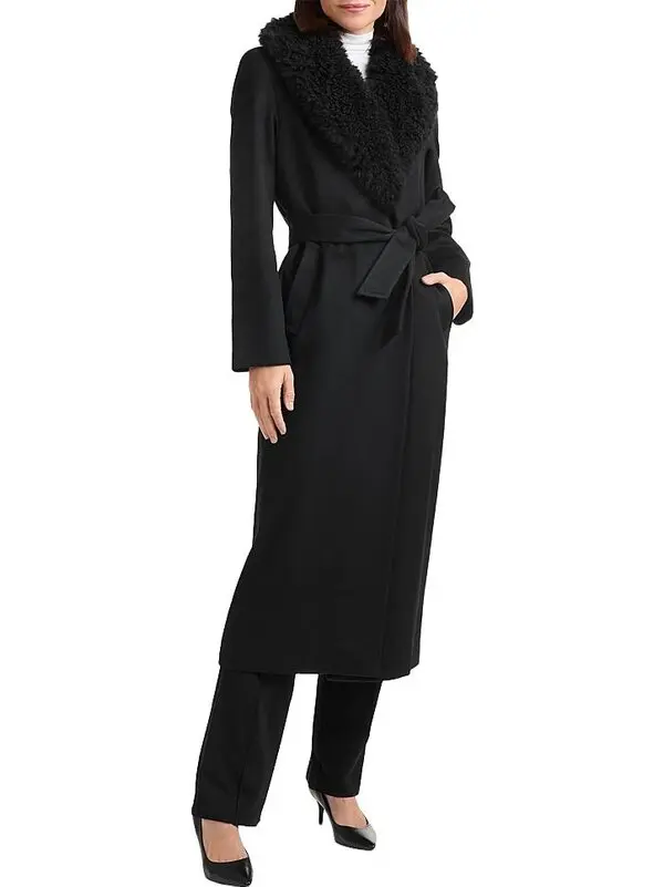 Sofia Cashmere Shearling Collar Belted Wrap Coat - Black