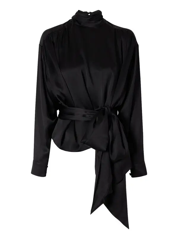 Balmain Belted Gathered Silk-satin Blouse - Black