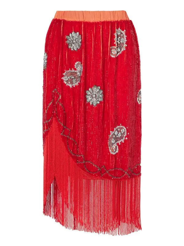 BODE Sundance Asymmetrical Sequin-embellished Fringed Woven Midi Skirt - Red