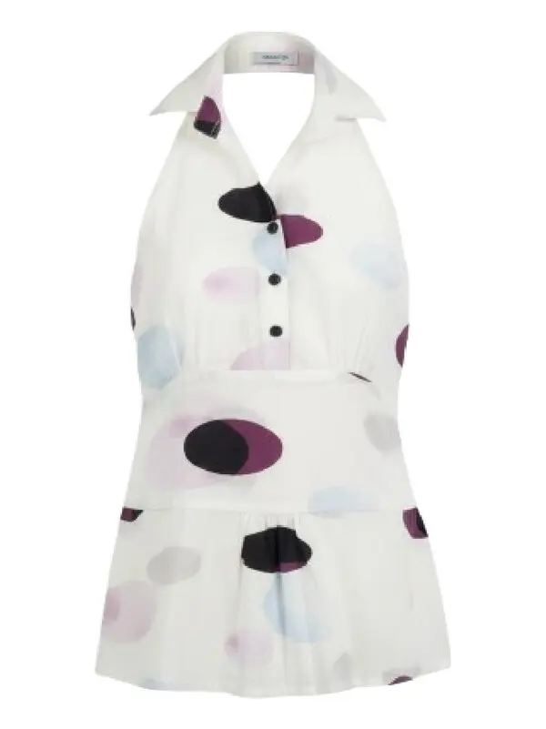 CONQUISTA Neutrals Polka Dot Halter Neck Top – Playful Elegance In Pastel Tones - White