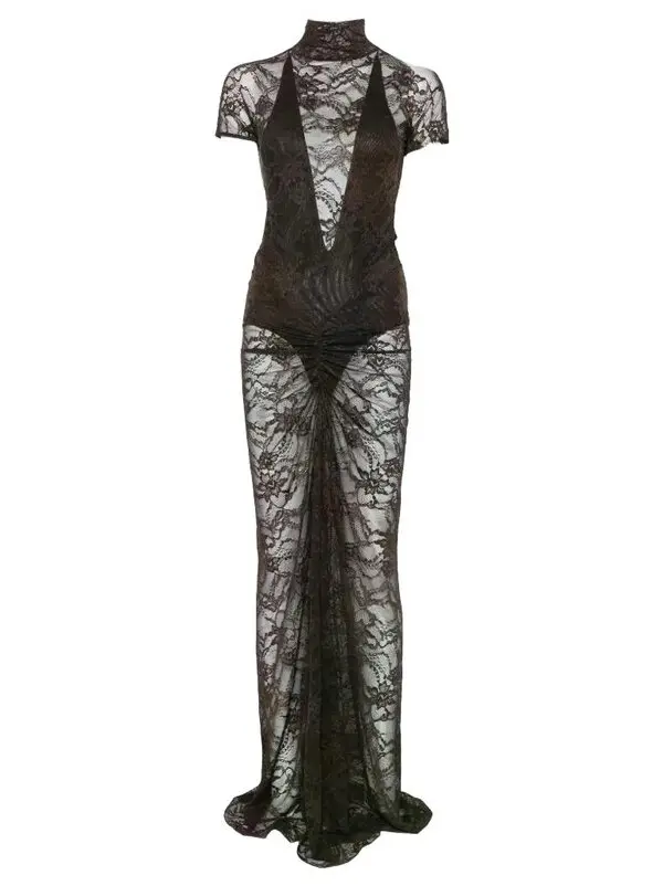 Andamane Palma Lace Ruched Gown Maxi Dress - Brown
