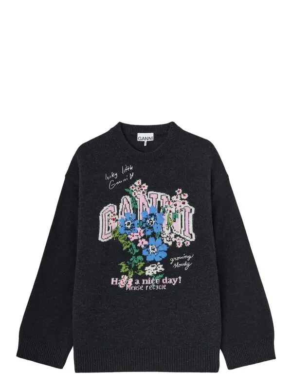 GANNI Graphic Wool Oversized Sweater Flowers - Multicolor