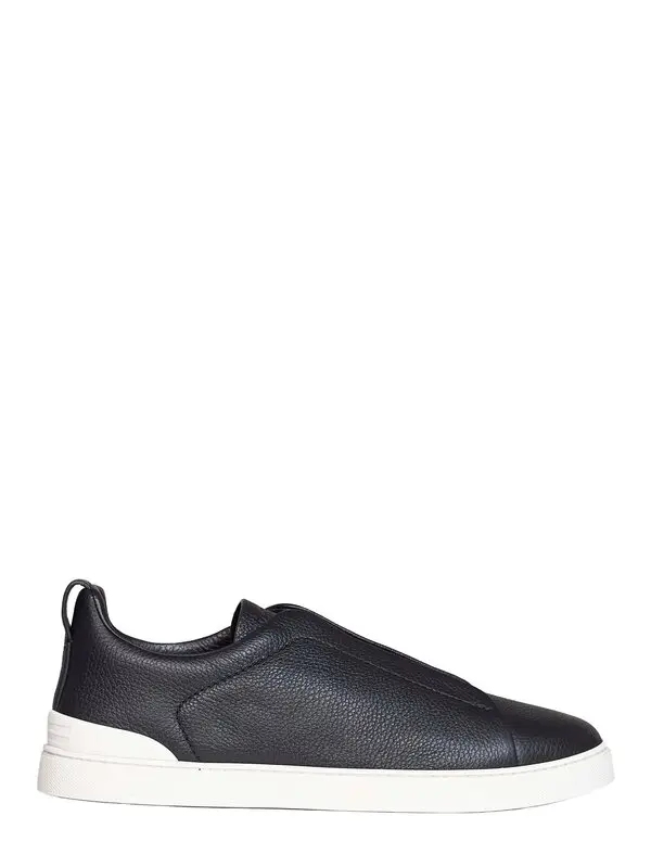 Zegna Navy Blue Grained Leather Triple Stitch Sneakers - Multicolor