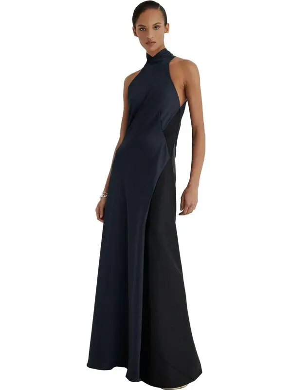 ATELIER Satin High-neck Open-back Maxi Dress - Navy/black