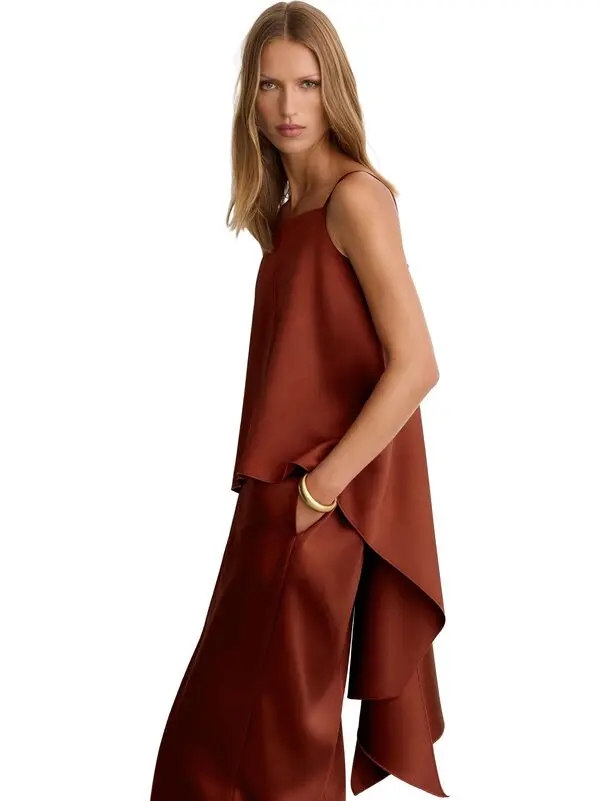 REISS Cara Satin Structured Drape-back Top - Rust Orange