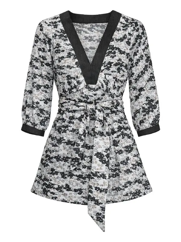 CONQUISTA Printed V-neck Top With Contrast Trim & 3/4 Sleeves - Grey