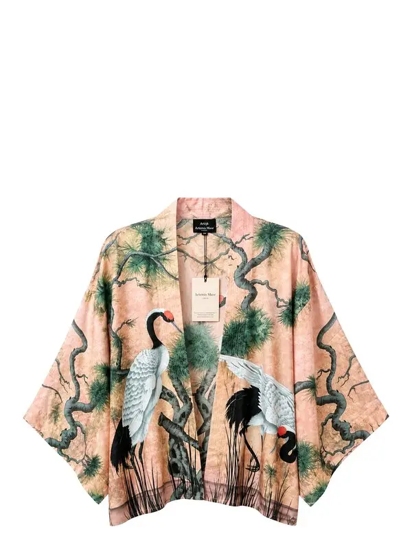 ARTEMIS MUSE Artist Collab Jane Willoughby X Crowned Crane Print Kimono - Red