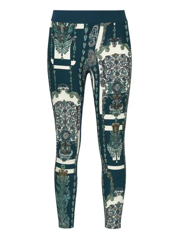 CONQUISTA Printed High-waist Stretch Leggings With Artistic Pattern - Blue