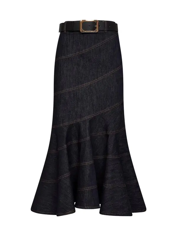 SELF-PORTRAIT Indigo Denim Belted Midi Skirt - Multicolor