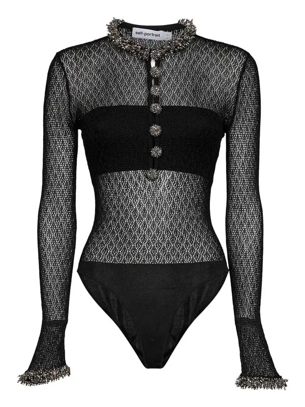 SELF-PORTRAIT Black Pointelle Knit Embellished Bodysuit - Multicolor