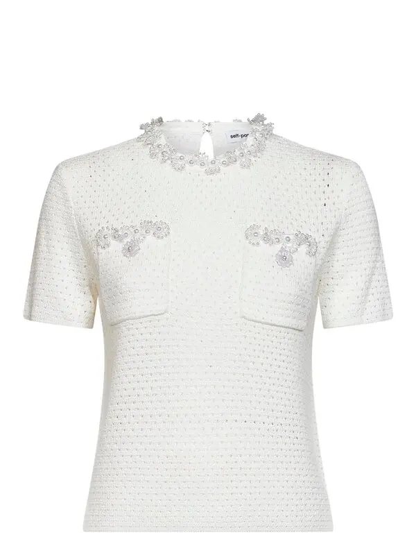 SELF-PORTRAIT Cream Openwork Knit Top With Bead Embroidery - Multicolor