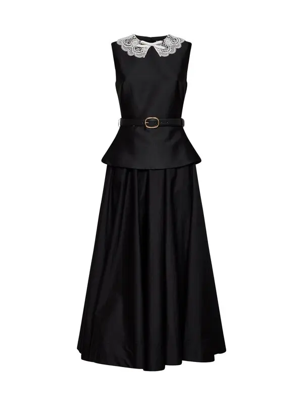 SELF-PORTRAIT Black Taffeta Belted Peplum Midi Dress - Multicolor