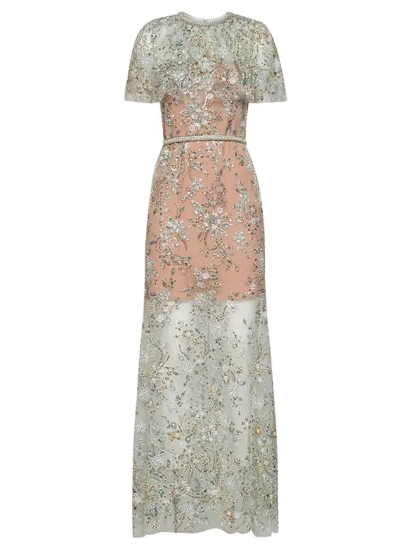 SELF-PORTRAIT Mint Embroidered Tulle Cape Maxi Dress - Multicolor