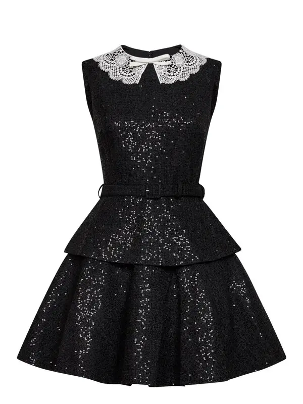 SELF-PORTRAIT Black Sequin Bouclé Belted Peplum Mini Dress - Multicolor