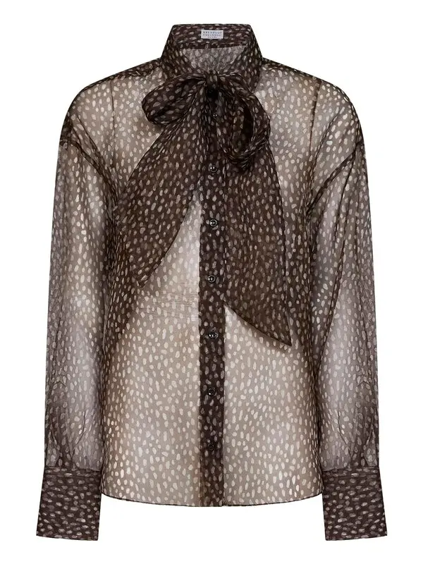 Brunello Cucinelli Chocolate Dapple Silk Organza Shirt With Neck Tie - Multicolor
