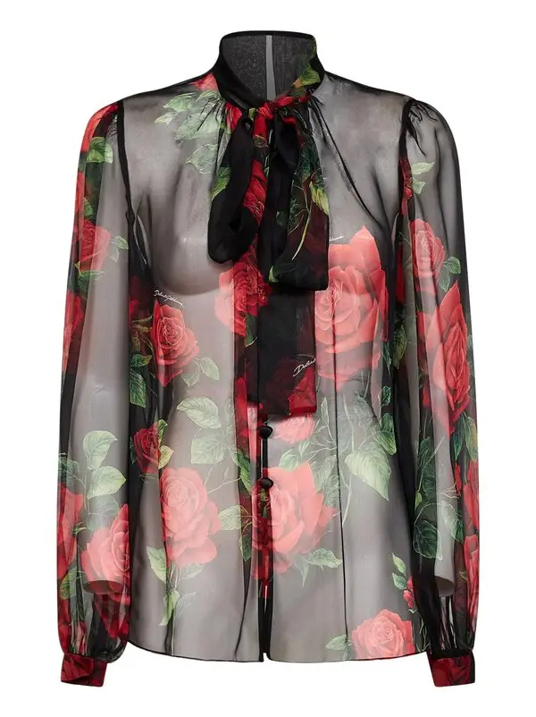 Dolce & Gabbana Black Rose-print Silk Chiffon Blouse - Multicolor
