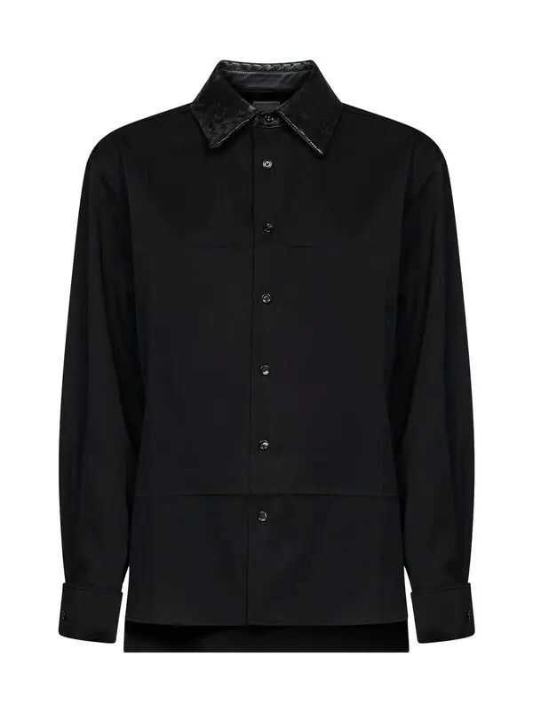 Bottega Veneta Black Wool Shirt With Intrecciato Leather Collar - Multicolor