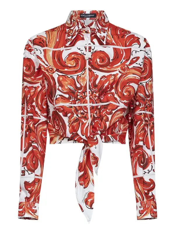 Dolce & Gabbana Orange Maiolica-print Cropped Poplin Tied Shirt - Multicolor