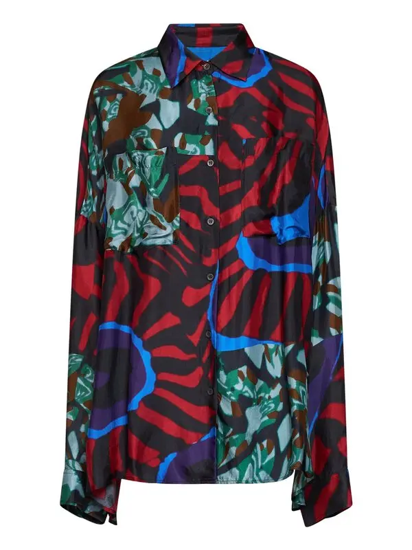 Dries Van Noten Red Marbled Clay-print Fluid Twill Casia Cocoon Shirt - Multicolor