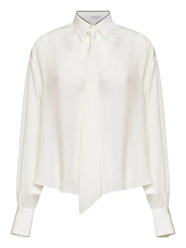 Brunello Cucinelli Natural Crêpe De Chine Shirt With Tie And Shiny Collar - Multicolor