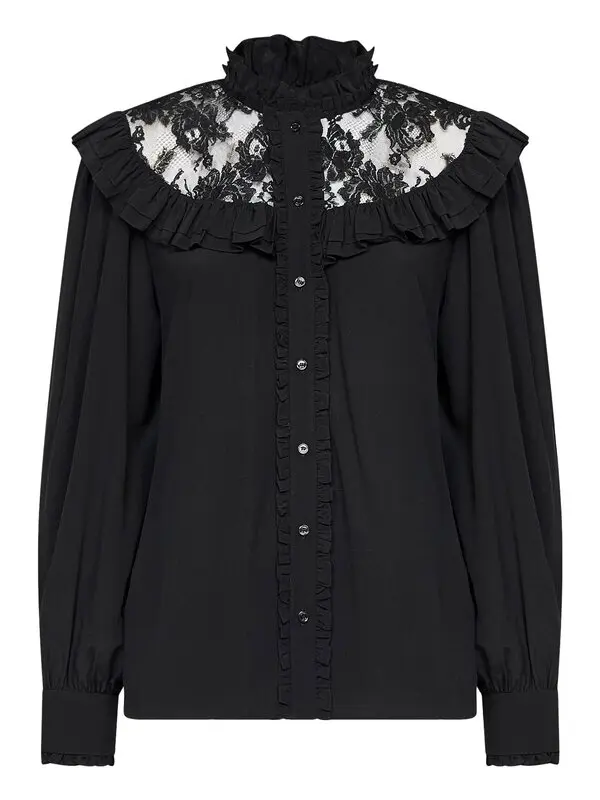 Chloé Black Silk Crêpe De Chine Ruffled Blouse With Lace Detail - Multicolor