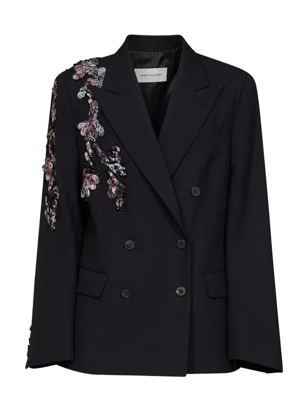 Dries Van Noten Black Wool Barrysta Double-breasted Embroidered Jacket - Multicolor