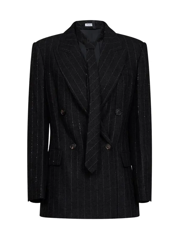 Brunello Cucinelli Anthracite Sequin Pinstriped Wool-blend Blazer With Tie - Multicolor