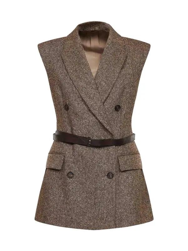 Brunello Cucinelli Brown Belted Wool Double-breasted Waistcoat - Multicolor