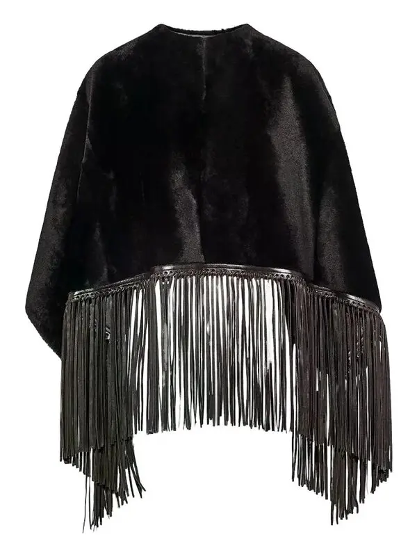 YVES SALOMON Fringed Shearling Cape - Black