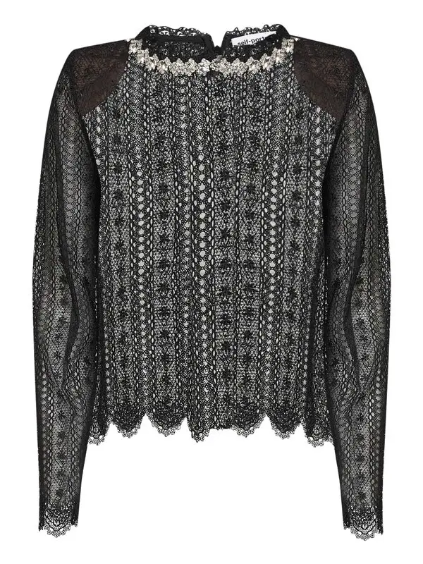 SELF-PORTRAIT Black Organza Lace Crystal-embellished Top - Multicolor