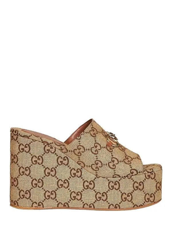 Gucci Beige And Dark Brown Horsebit Wedge Sandals - Multicolor