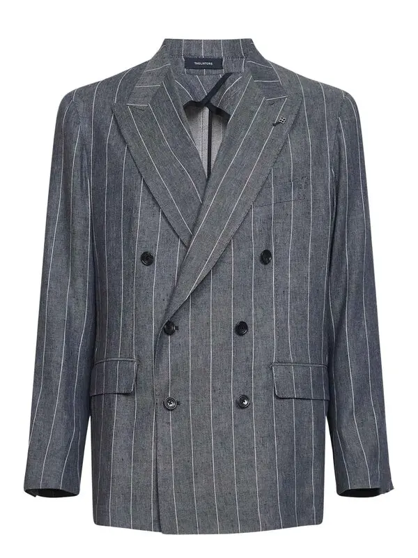 Tagliatore Blue Pinstriped Linen Blend New York Double-breasted Blazer - Multicolor