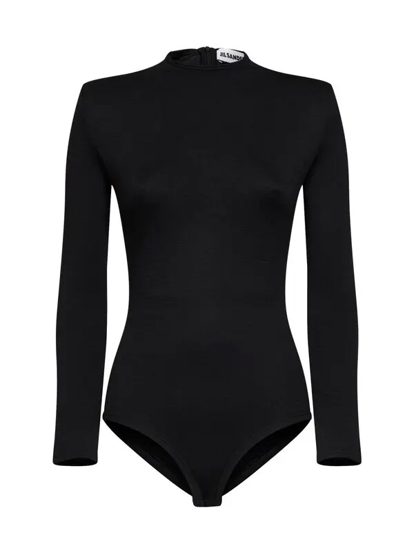 JIL SANDER Black Compact Wool Knit Fitted Bodysuit - Multicolor