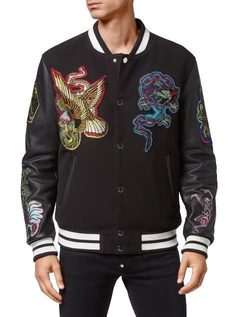 Philipp Plein Leather Bomber Tattoo - Black