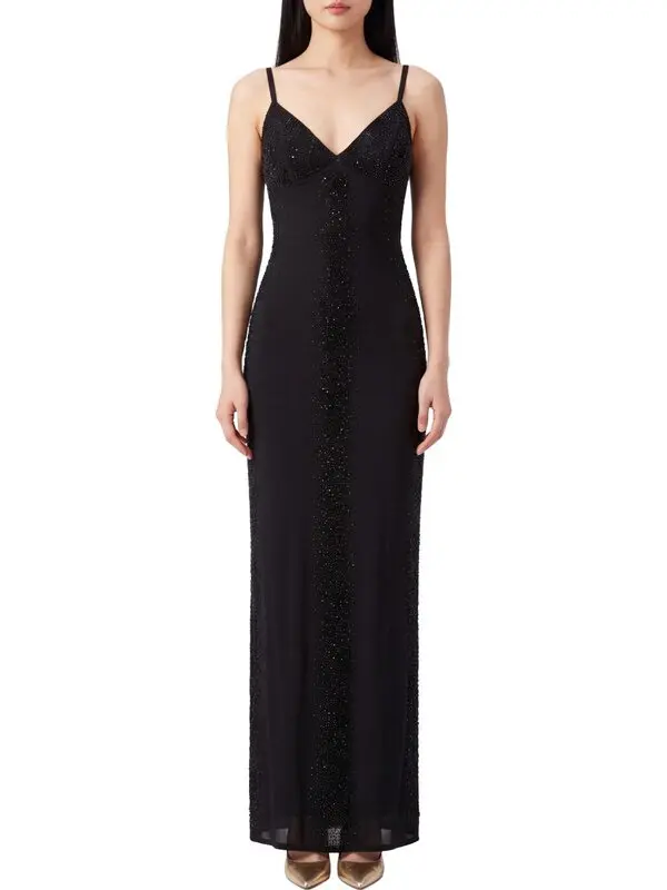 Patrizia Pepe Long V-neck Crêpe Evening Gown With Rhinestone Details - Black