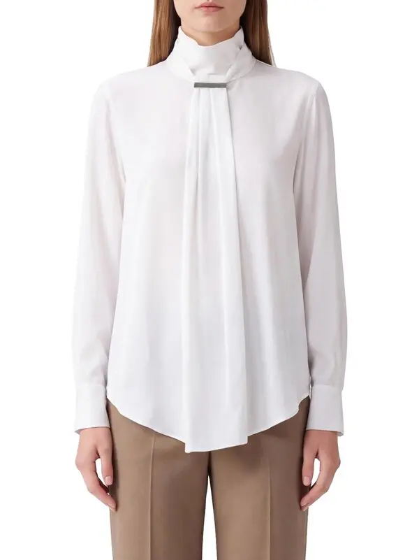 Brunello Cucinelli High-neck Cotton-blend Blouse With Monili Embellishment - White